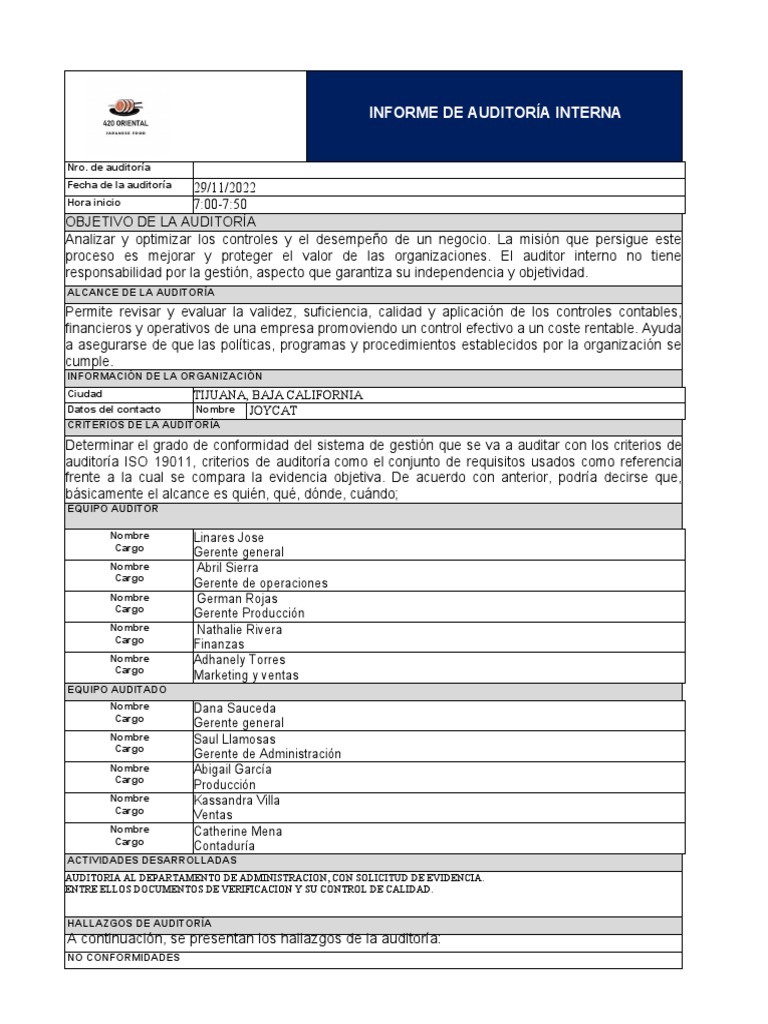 Formato de Informe de Auditoria | PDF | Auditoría | Business