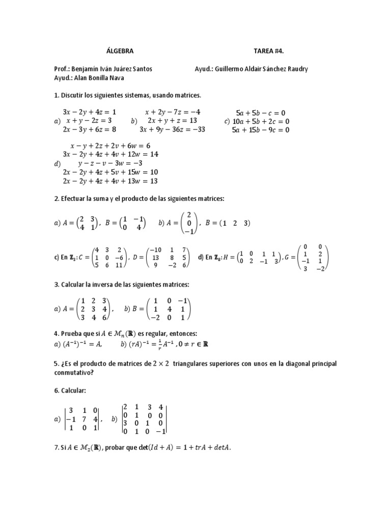 Tarea de Álgebra: Sistemas y Matrices | PDF | Objetos matemáticos | Física teórica