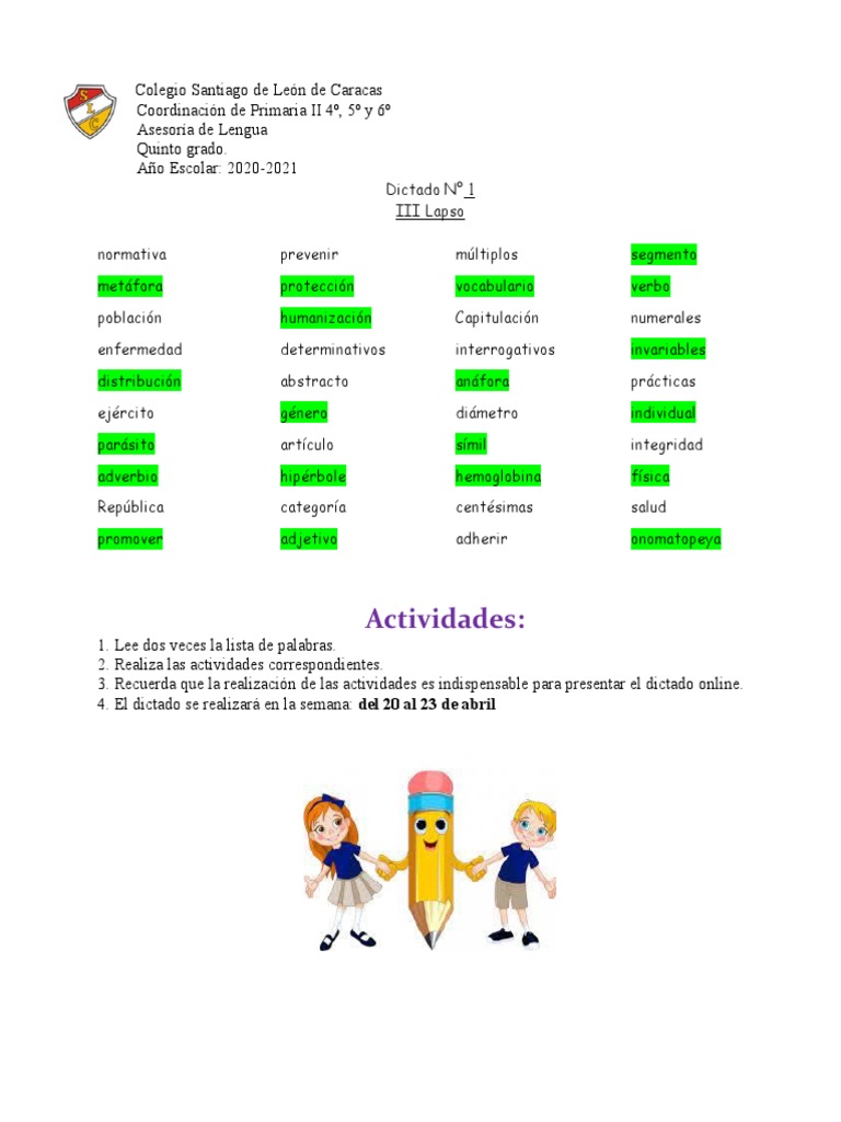 Práctica De Vocabulario De Quinto Grado Banco De Palabras 5to Grado