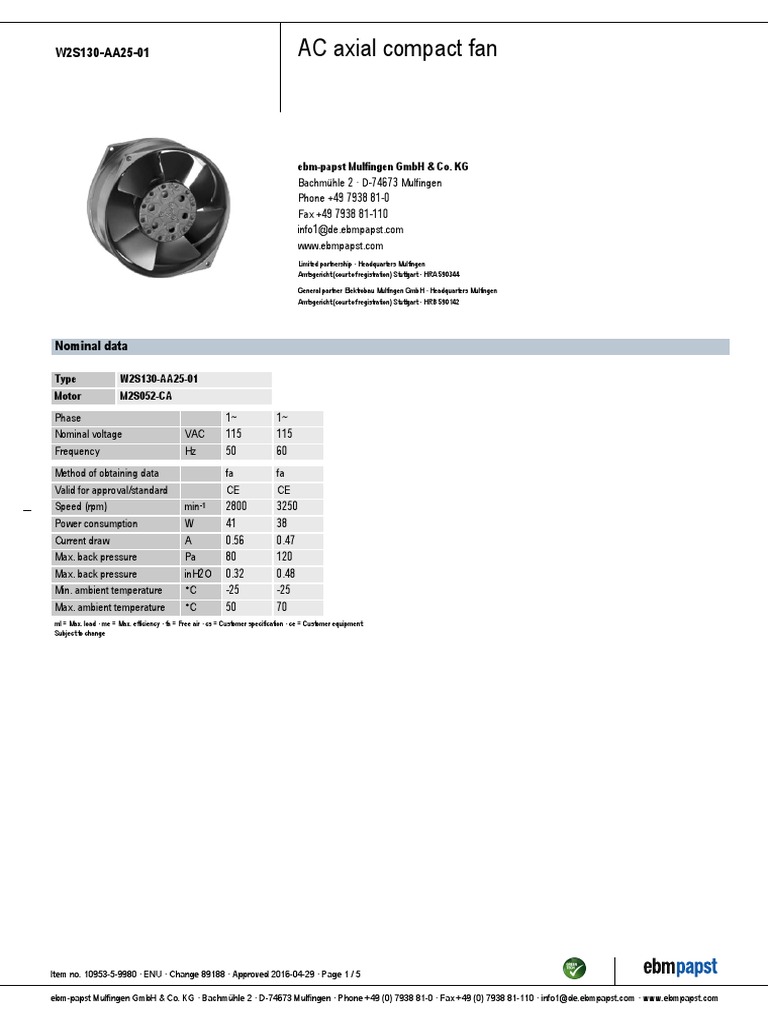 Technical Specifications and Performance Curves for the ebm-papst W2S130-AA25-01 AC Axial ...