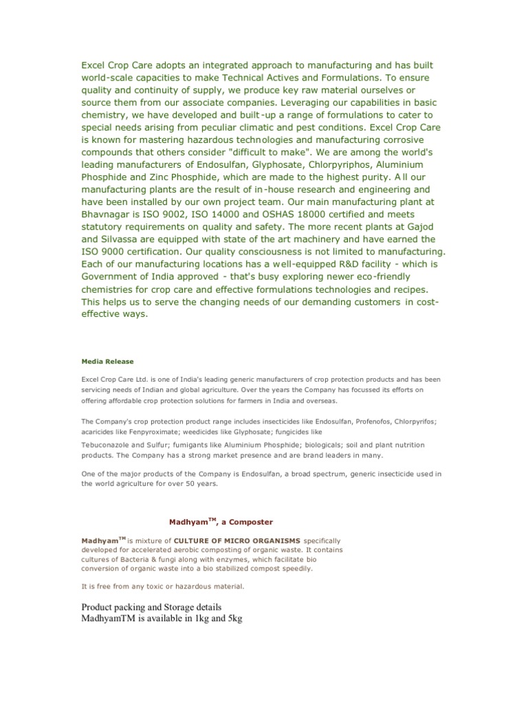 Excel Crop Care Adopts An Integrated Approach To Manufacturing and Has ...