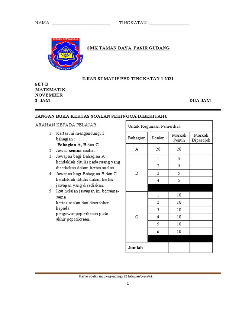 Pat Matematik Ting 1 2021 (Set B) | PDF