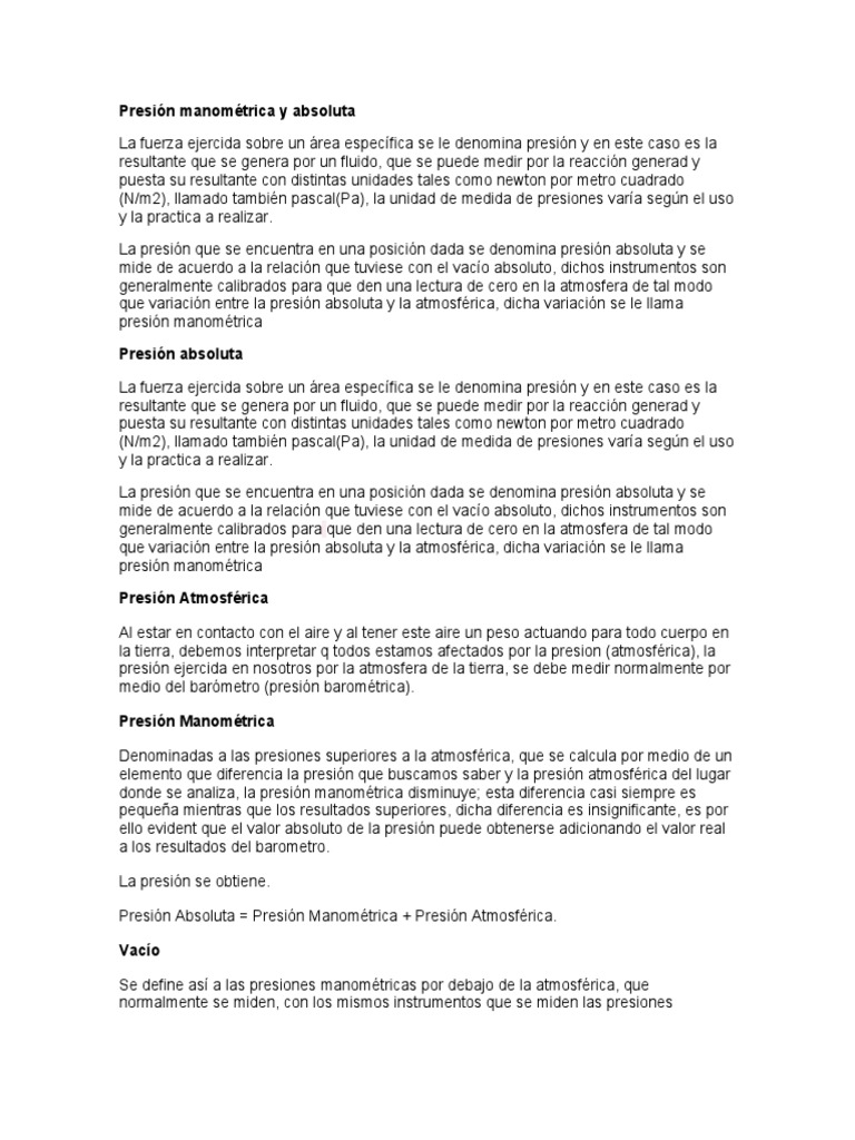 Presion Manometrica y Absoluta | PDF | Presión | Pascal (Unidad)