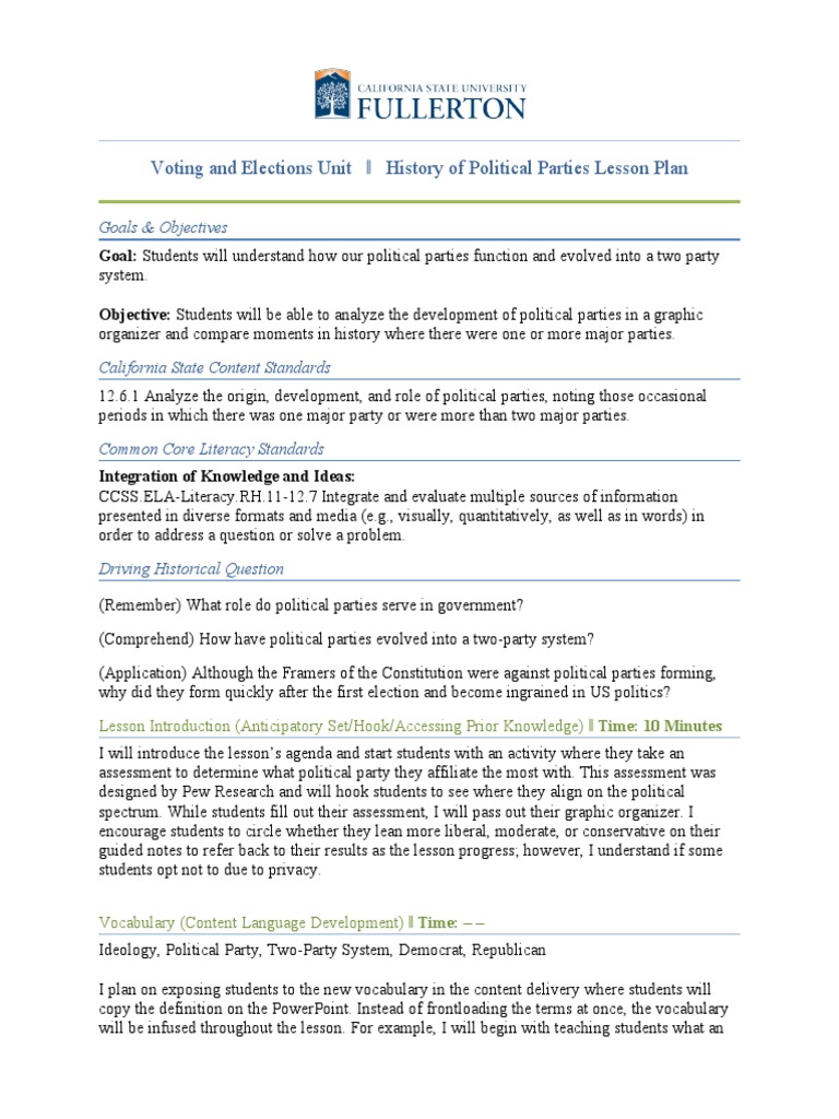 History of Political Parties Lesson Plan | PDF | Educational Assessment ...