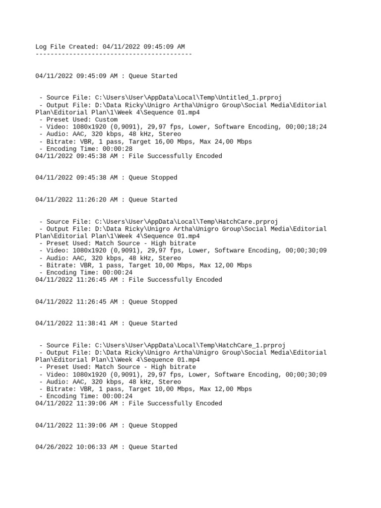 Log File Of Multiple Video Encoding Sessions Detailing Source Files Output Files Encoding 9855
