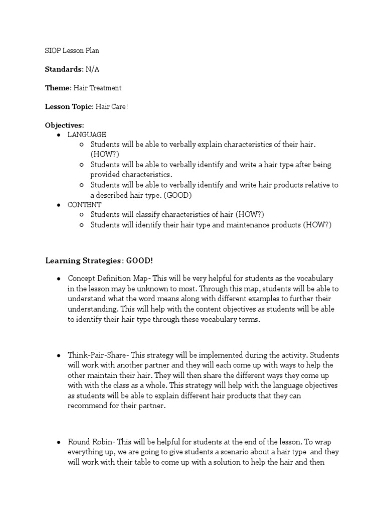 Siop Lesson Plan | Download Free PDF | Hair | Communication