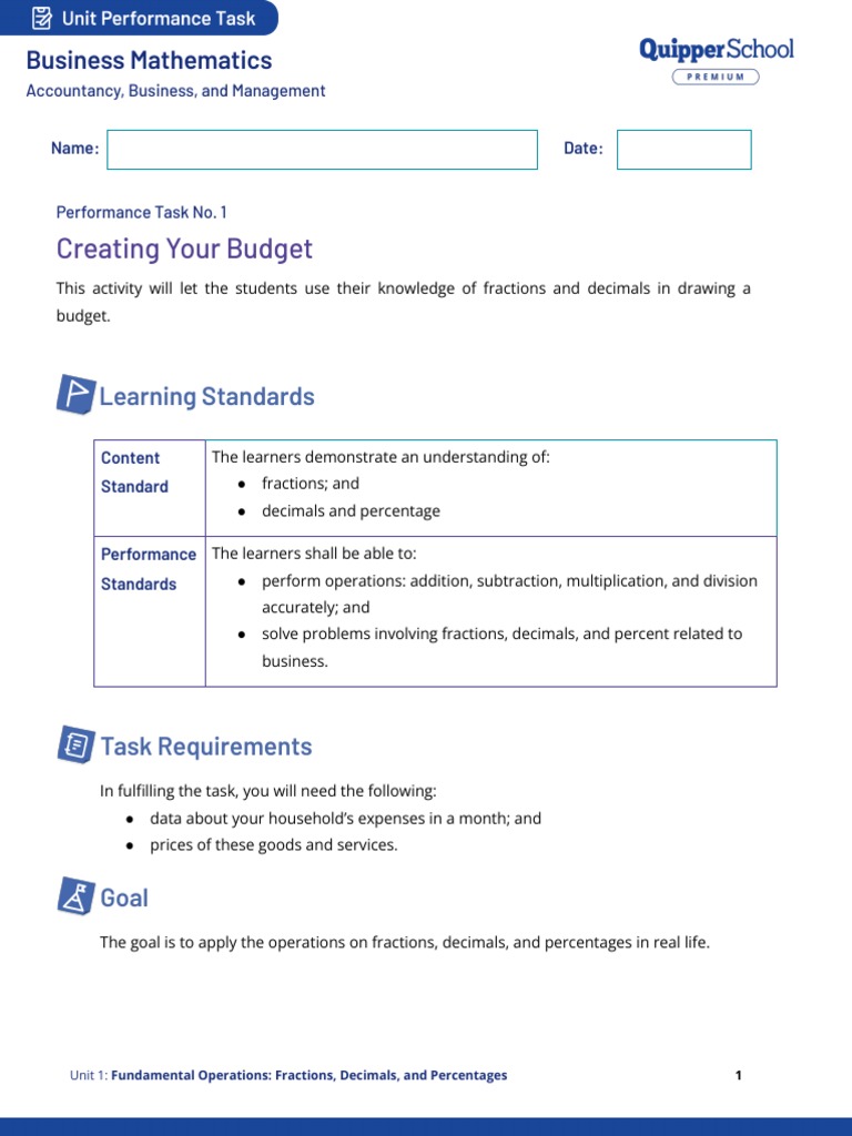 Create a Budget Using Math Skills | PDF | Percentage | Learning