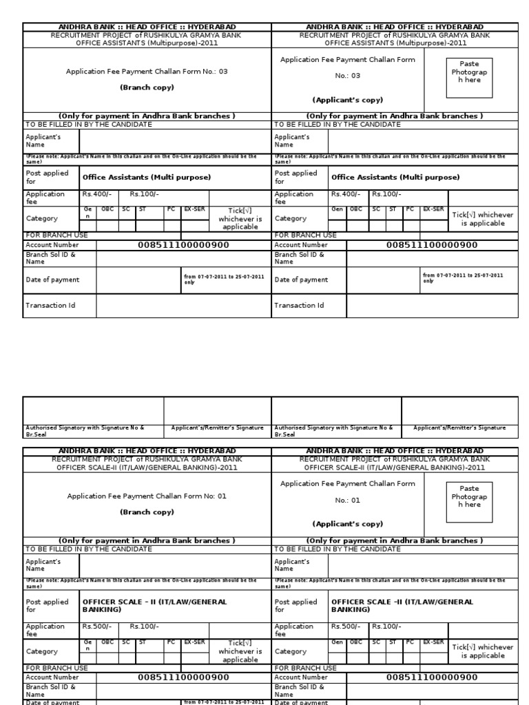 Challan Proforma - For Payment in Andhra Bank | PDF | Payments | Money