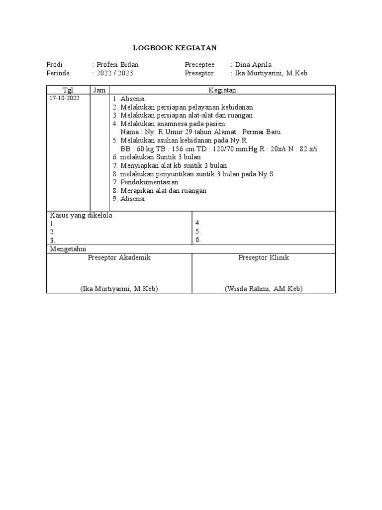 Logbook Kegiatan Profesi Bidan 2022 | PDF | Sains & Matematika