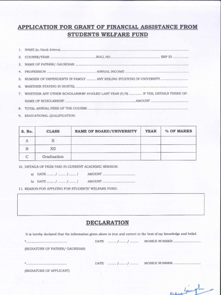 Format of Application For Grant of Financial Assistance From Student ...