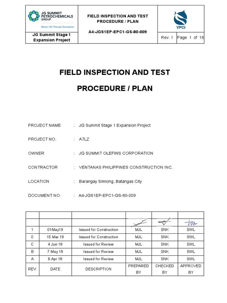 A4-JGS1EP-EPC1-GS-80-009 - R1 Field Inspection and Test Procedure, Plan ...