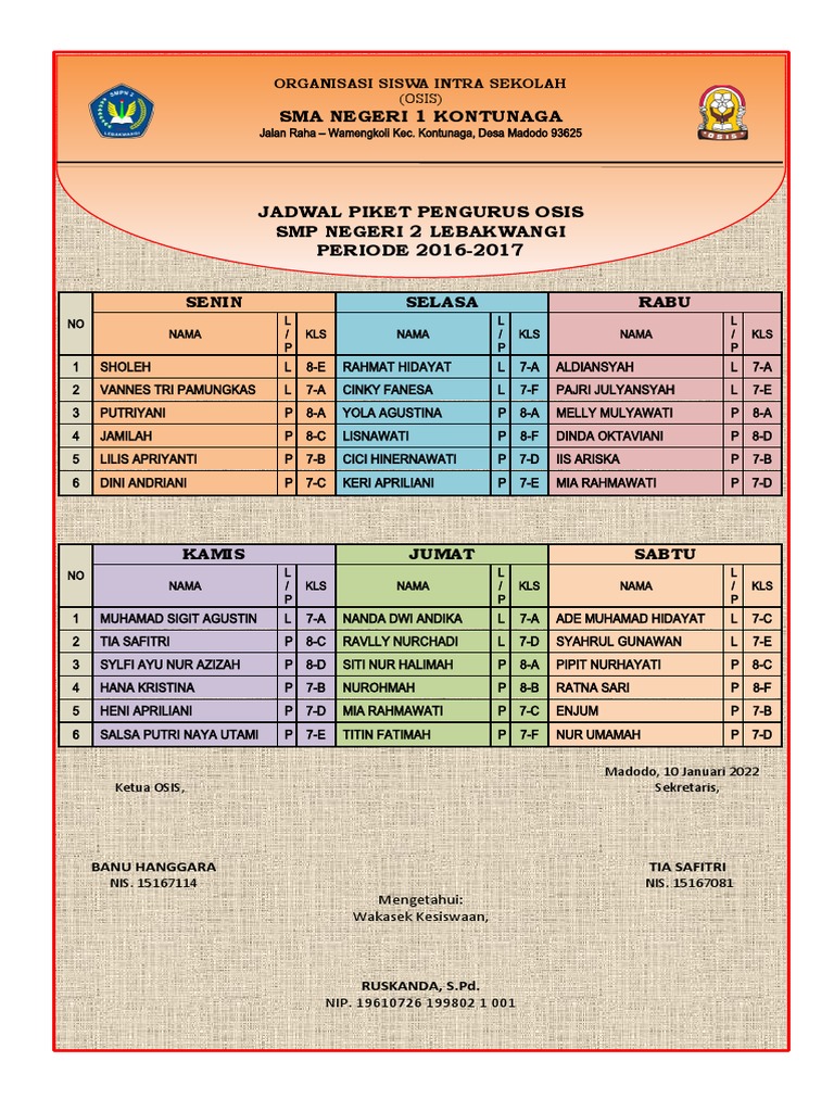 Jadwal Piket OSIS | PDF