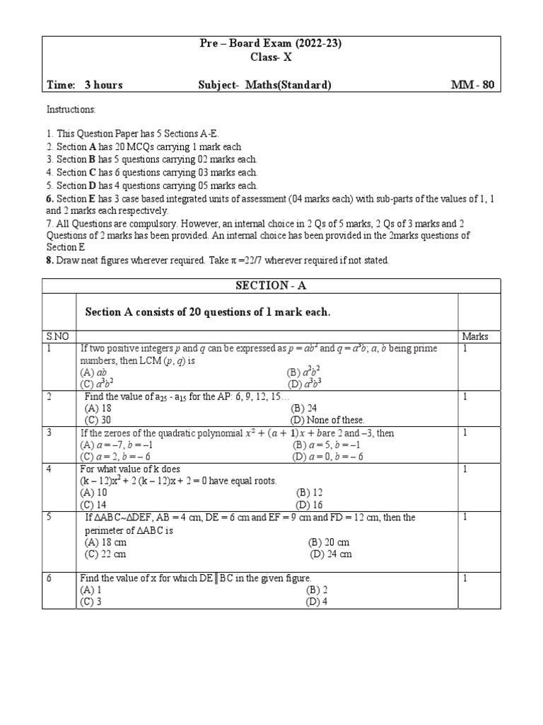 QP Pre BD Maths Standard. | PDF | Circle | Triangle