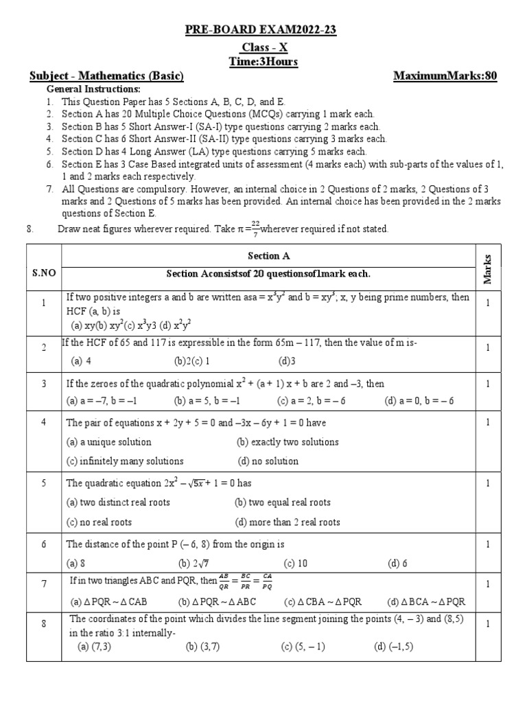 QP Pre BD Maths Basic | PDF | Circle | Area