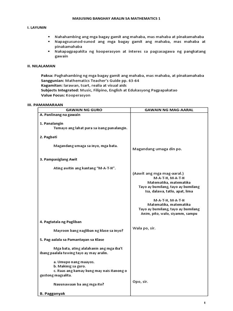 Masusing Banghay Aralin Sa Mathematics 1 | PDF
