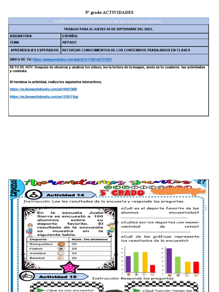 Actividades de Repaso 5° Grado | PDF