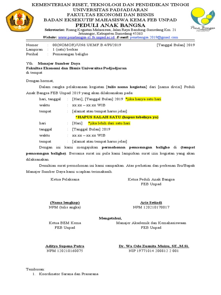 No Surat - Izin Pemasangan Baligho Di FEB (Nama Proker) | PDF