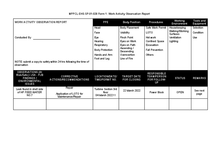 MPPCL-EHS-SP-01-028 Form 1: Work Activity Observation Report Work ...