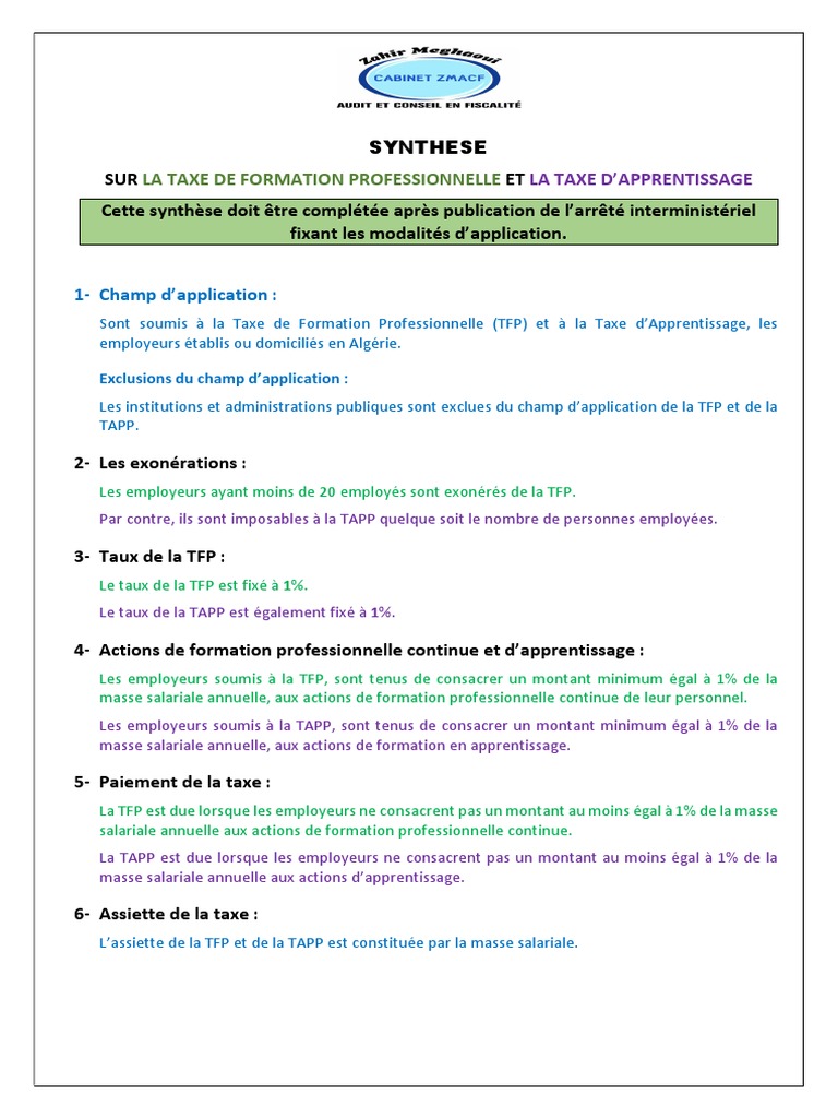 Taxe de Formation Professionnelle en Algérie | PDF | Impôts | Salaires