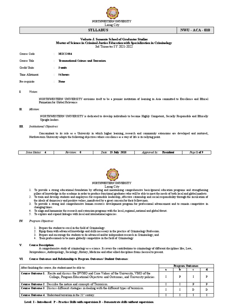 Transnational Crimes & Terrorism Syllabus | PDF | Crimes | Crime & Violence