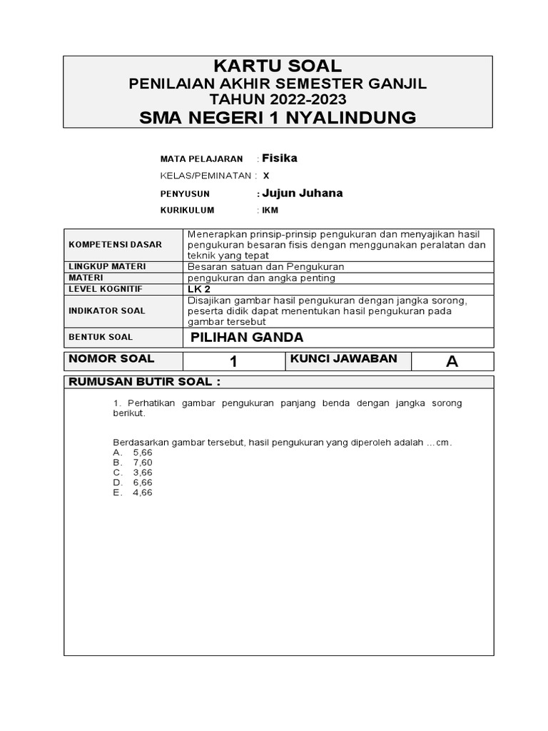 Kartu Soal Pas Fisika X Ganjil - 2022 | PDF