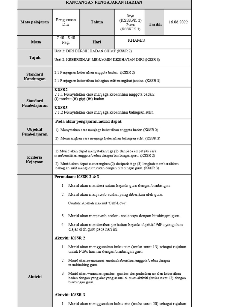 Pengurusan Diri Lesson Plan KSSR 2&3 (16 JUNE 2022) | PDF