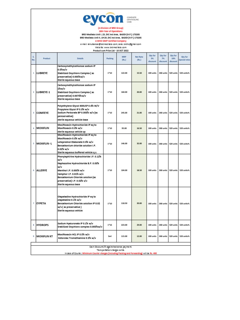 EYECON Price List 2022-2023 | PDF | Chemistry | Chemical Substances