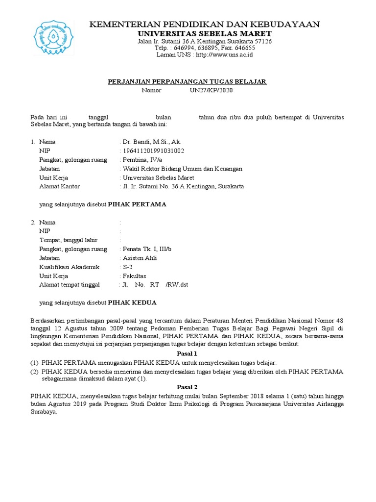 Template Surat Perjanjian Perpanjangan Tugas Belajar TB 2020 | PDF