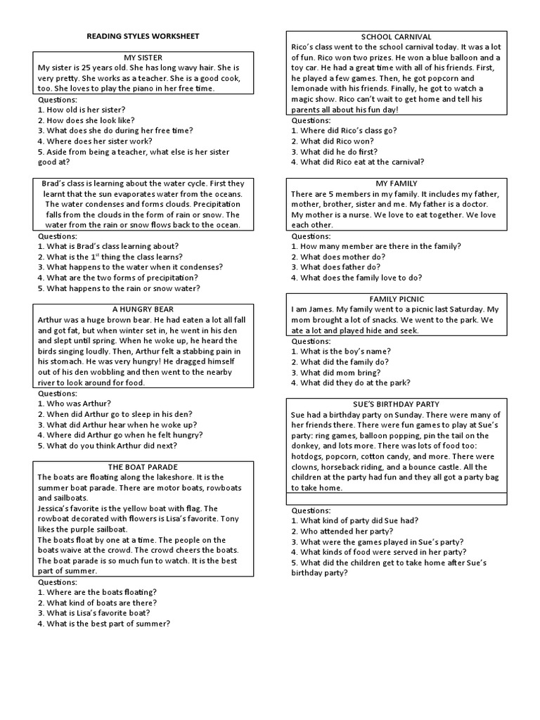 Activity Sheets Reading Styles | PDF | Language Arts & Discipline
