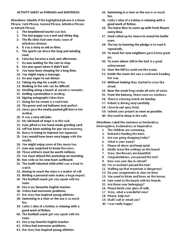 Activity Sheet On Phrases, Clauses and Sentences | PDF | Phrase | Verb