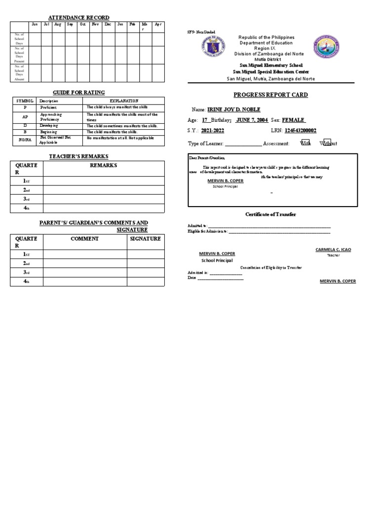 ReportCard Non Graded | PDF | Behavior Modification | Learning