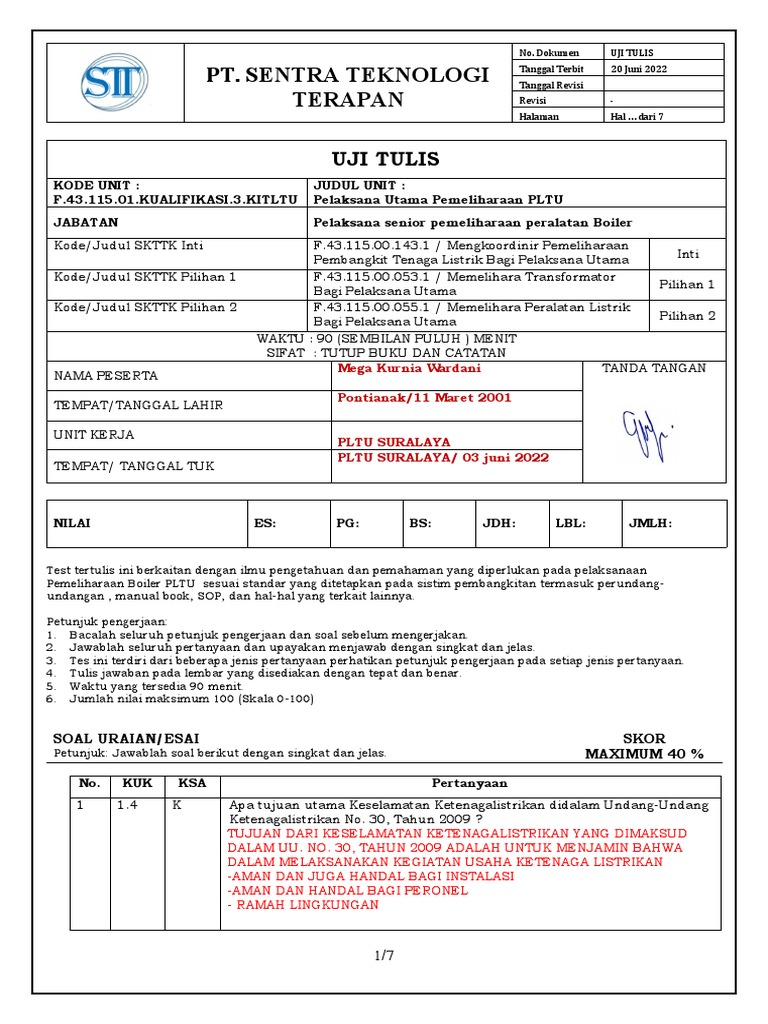 Soal1 - PT - STT - PLTU - Har - Trafo - Level 3 | PDF