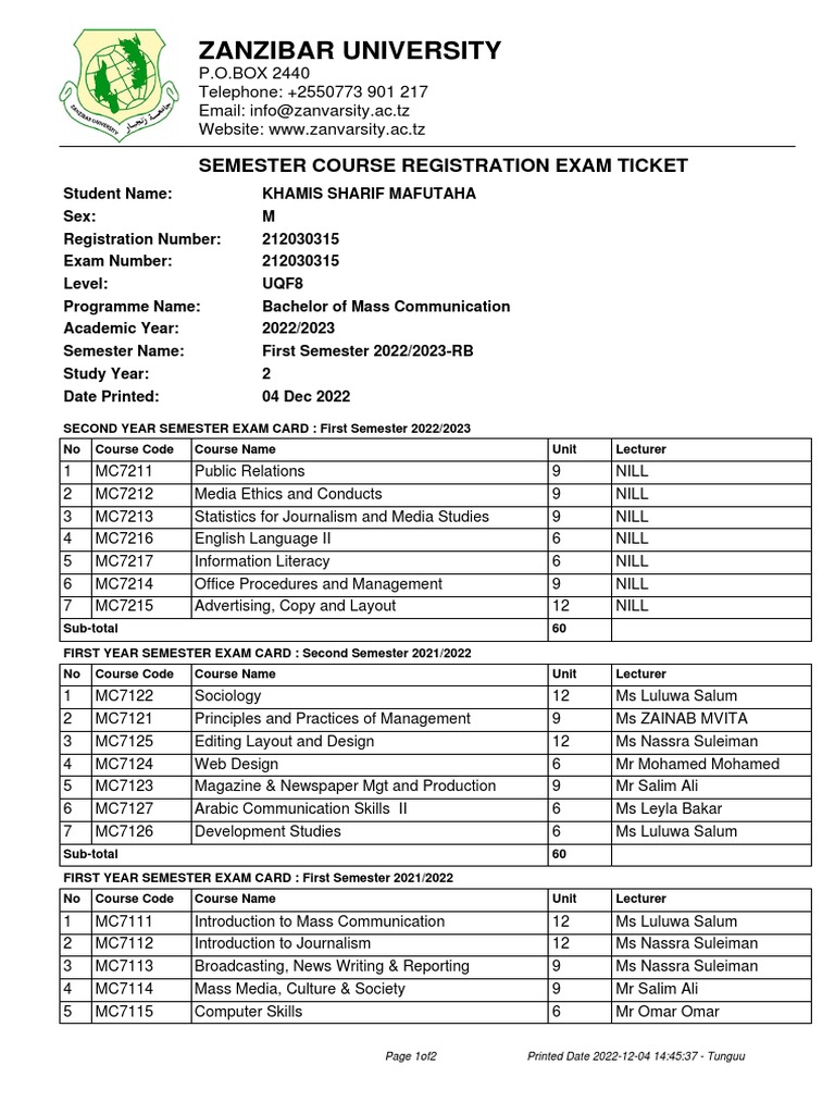 Zanzibar University: Semester Course Registration Exam Ticket | PDF | Journalism | Public Sphere