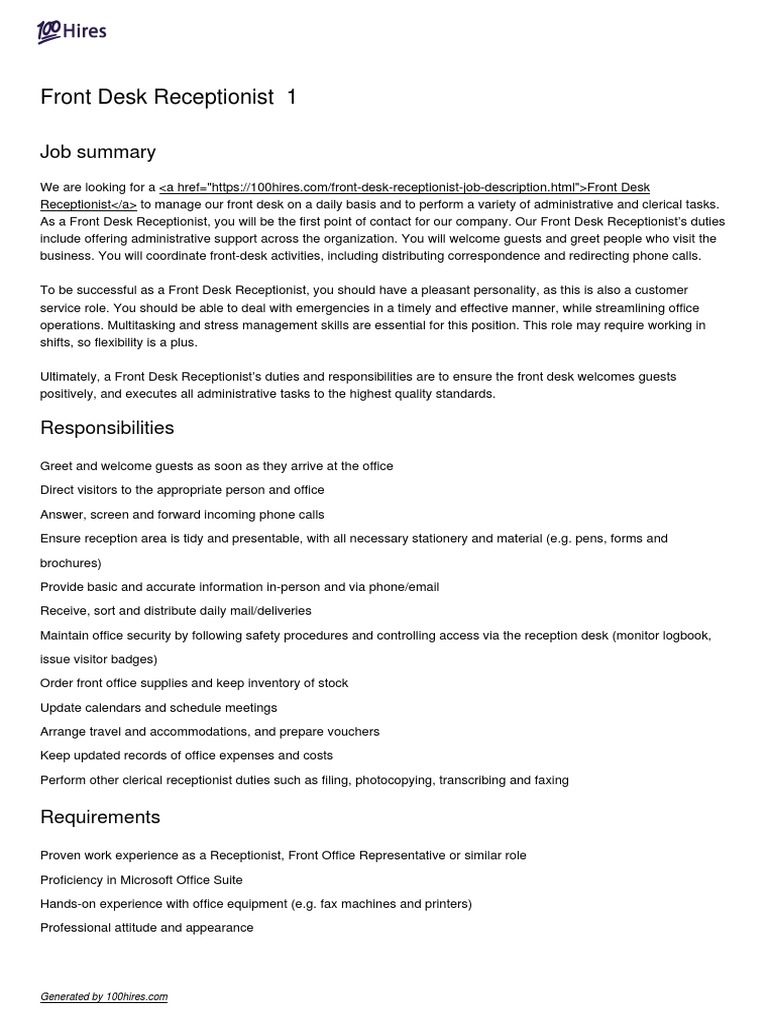 Front Desk Receptionist Job Overview | PDF