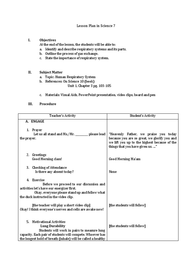 Grade 7 Lesson Plan: Respiratory System | PDF | Respiratory Tract | Lung
