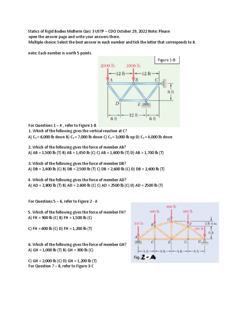 Statics Midterm Quiz: Key Questions | PDF | Mechanics | Mechanical ...