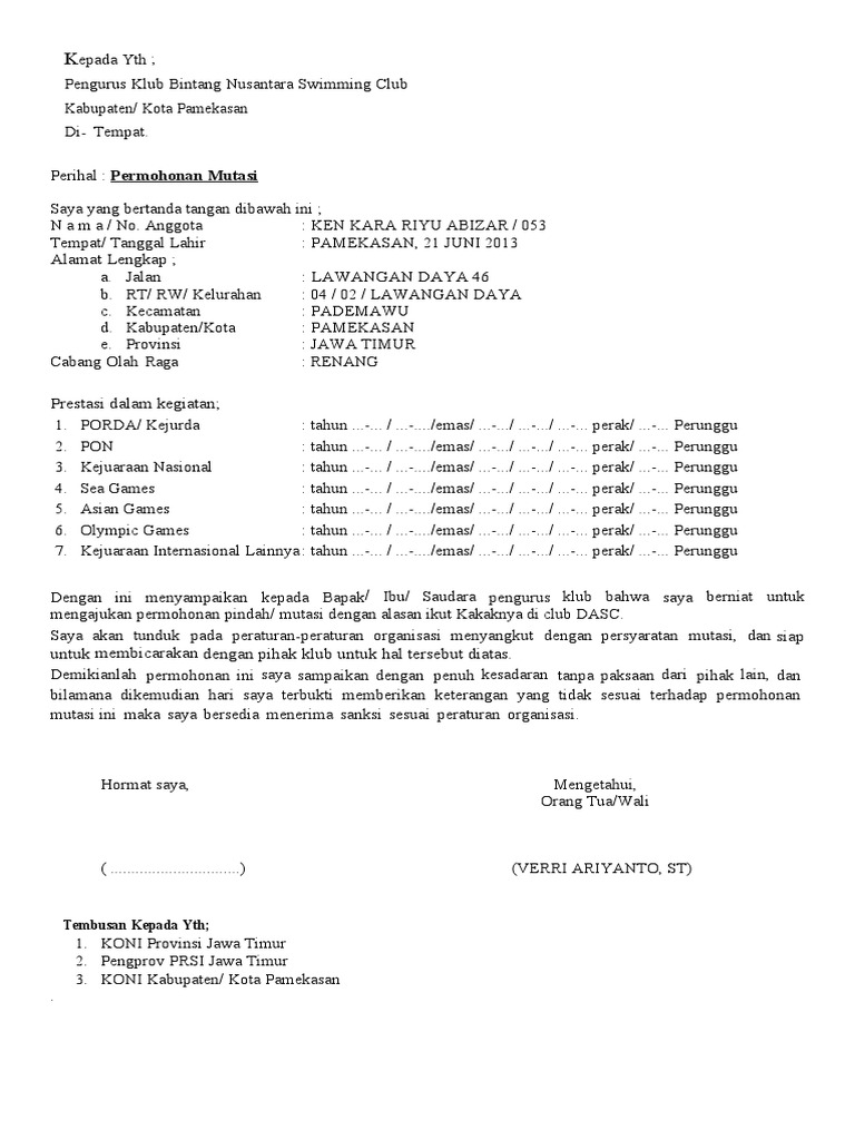 Form Mutasi (Masuk-Keluar) Atlet | PDF