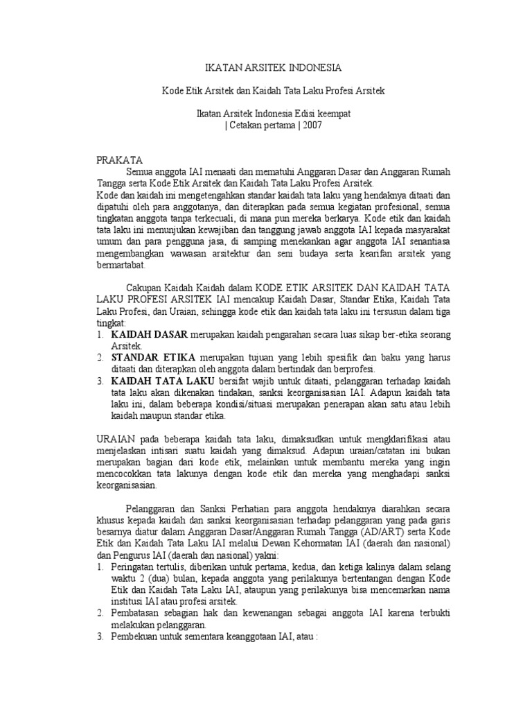 Kode Etik dan Tata Laku Arsitek IAI | PDF