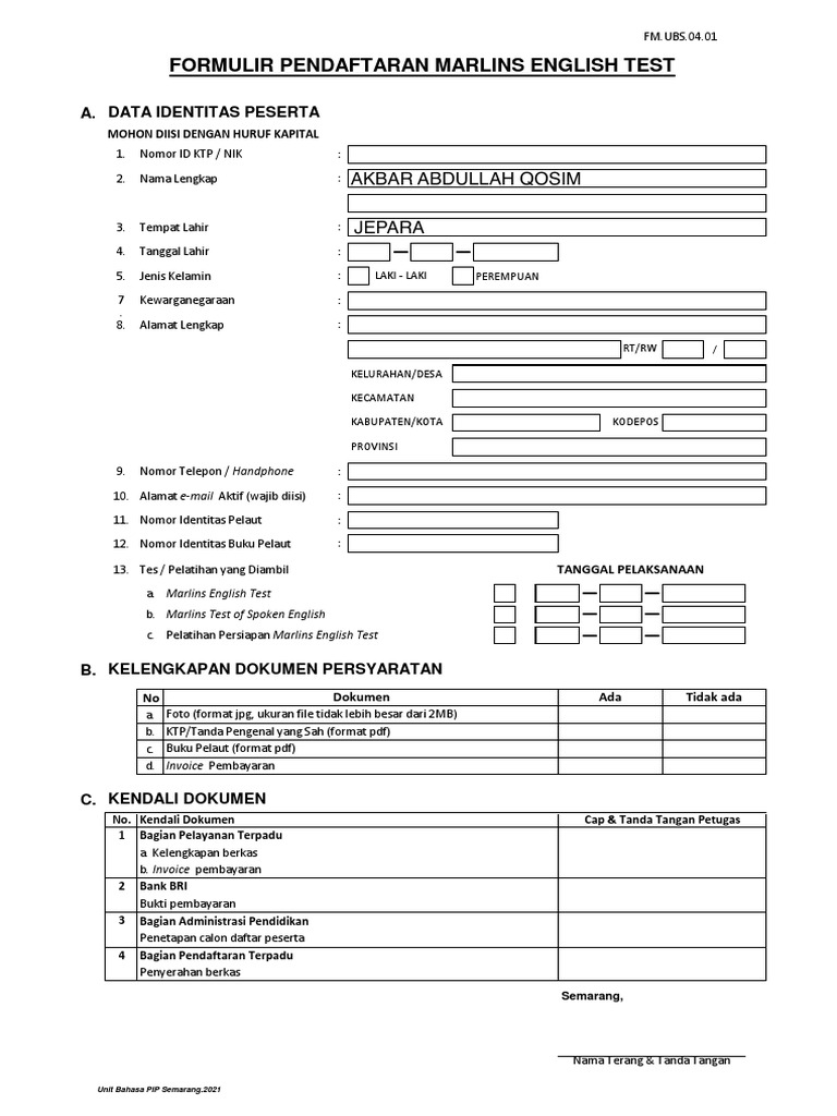 Formulir Marlins Test Pip Semarang | PDF
