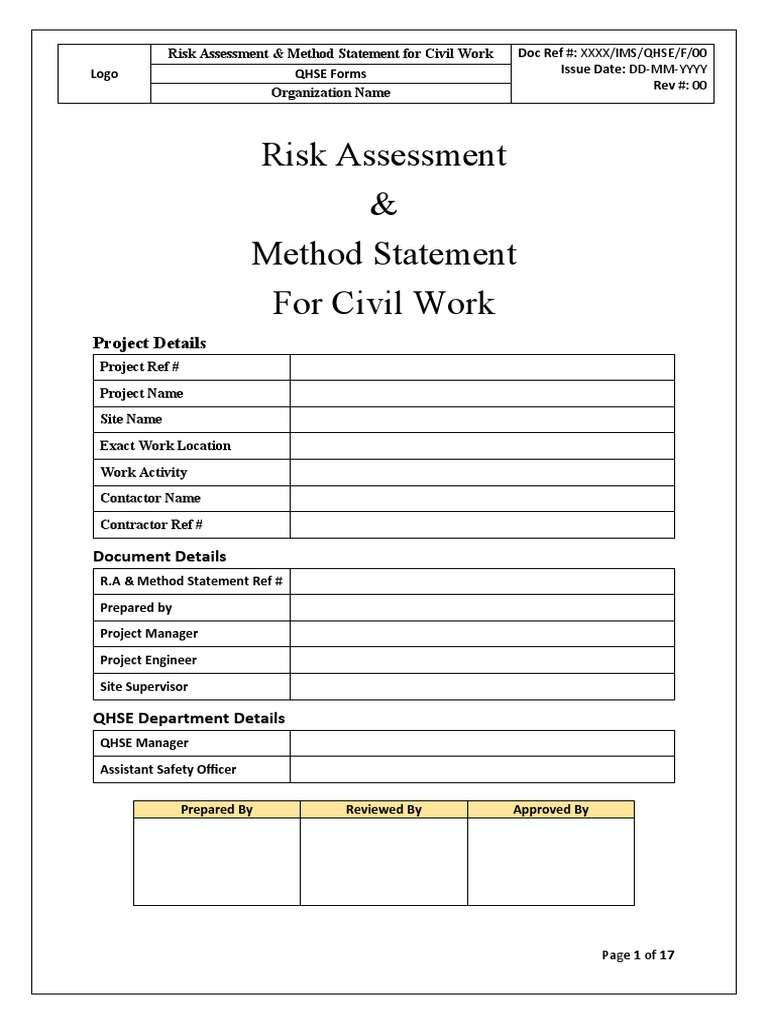 Risk Assessment and Method Statement For Civil Work | Download Free PDF ...