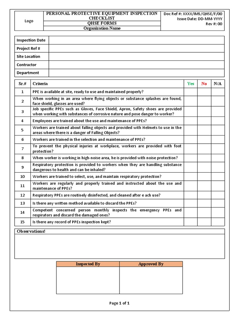 PPE Inspection Checklist Template | PDF