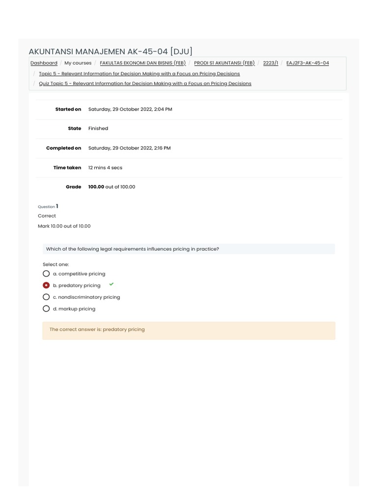 Akmen 5 Quiz | PDF | Marginal Cost | Pricing