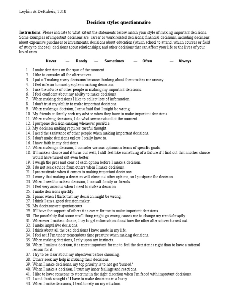 Decision Styles Questionnaire | PDF | Decision Making | Choice