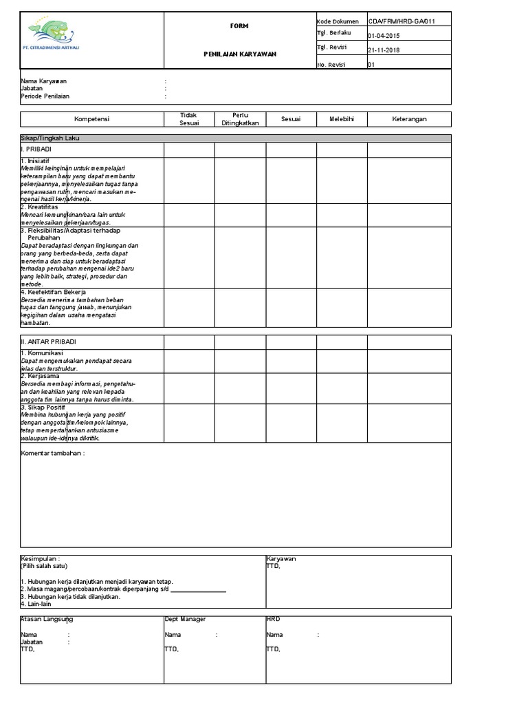 Form Penilaian Karyawan | PDF