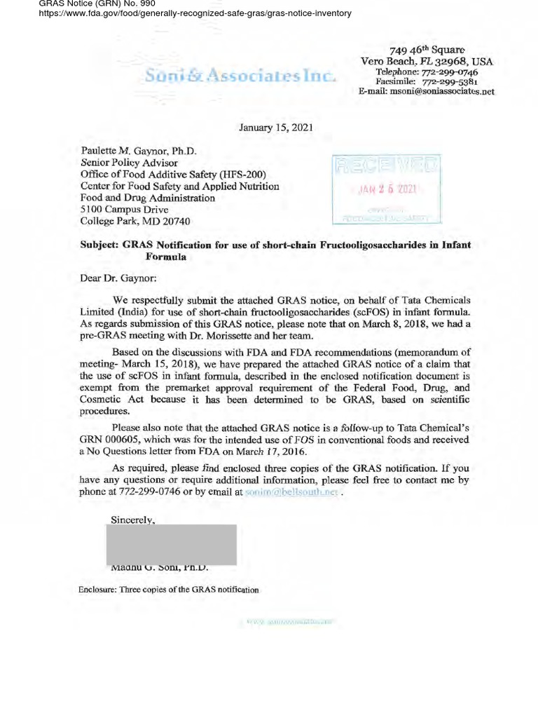 GRAS Notice GRN 990 Short Chain Fructooligosaccharides W Amendments | PDF | Federal Food | Fructose