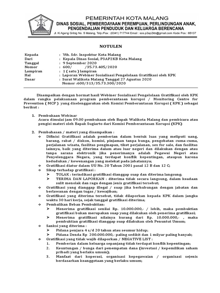 Contoh Notulen Webinar Gratifikasi KPK | PDF