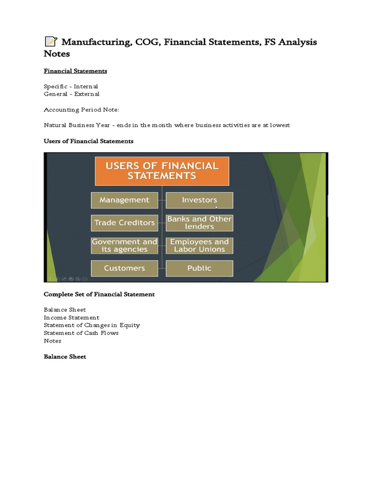 Basic Accounting Manufacturing, FS, Intro To FS Analysis Notes | PDF