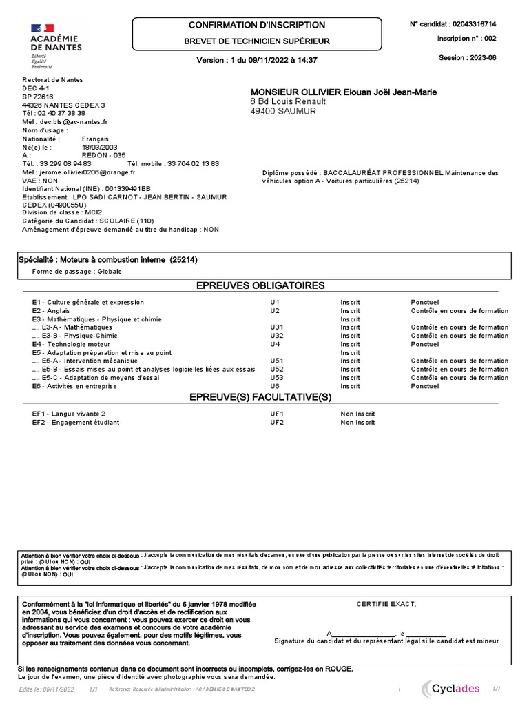 Confirmation d'inscription BTS 2023 | PDF