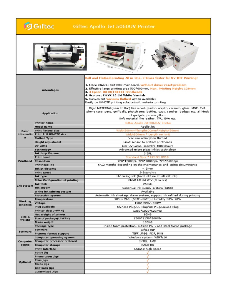 Giftec Apollo Jet 5060UV printer Specification- 副本 - 副本 | PDF