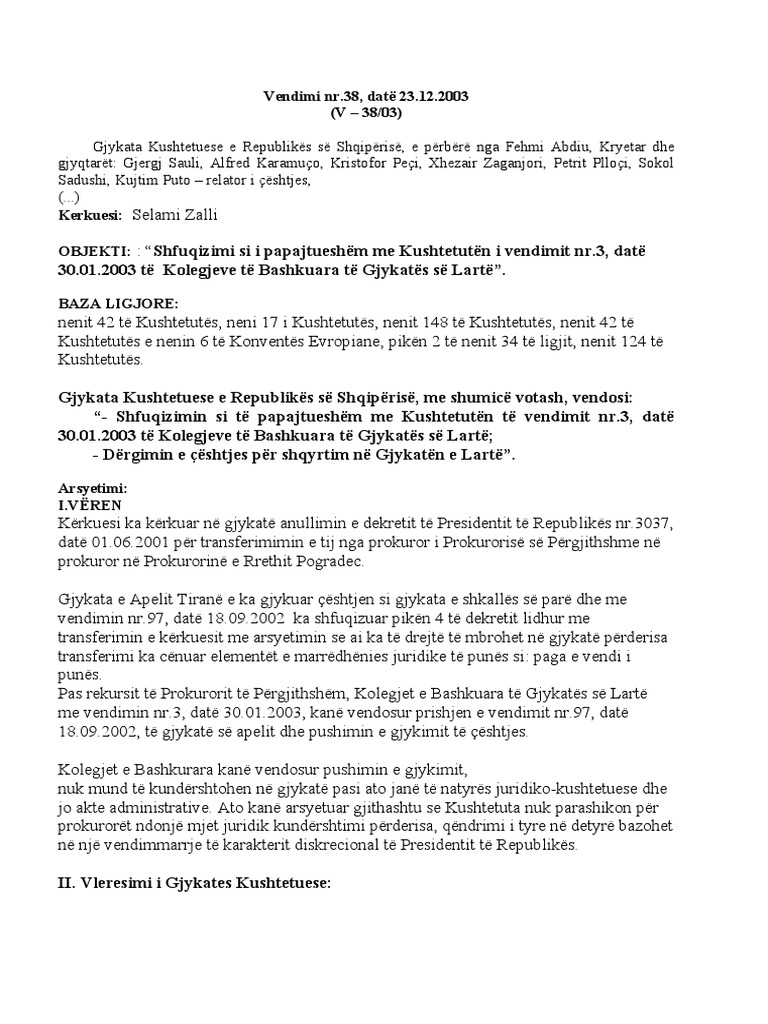 Vendimi nr.38, Datë 23.12.2003 (V - 38/03) | PDF